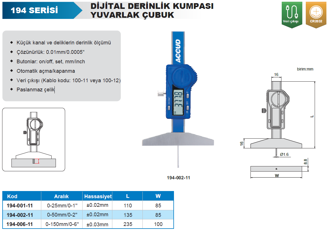 ACCUD Dijital Derinlik Kumpası 194 Serisi - Yuvarlak Çubuk 0-25mm